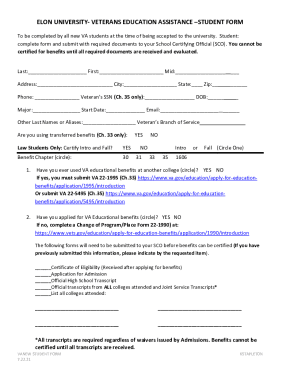 Fillable Online www.elon.eduuadmissionsELON UNIVERSITY- VETERANS ...
