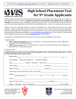 Fillable Online High School Placement Test for 9th Grade Applicants Fax ...