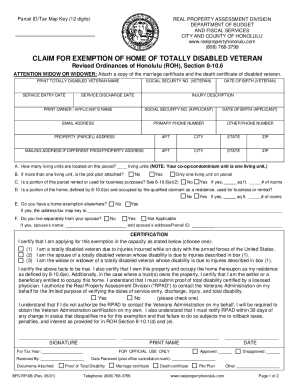 Fillable Online CLAIM FOR EXEMPTION OF HOME OF TOTALLY DISABLED VETERAN ...