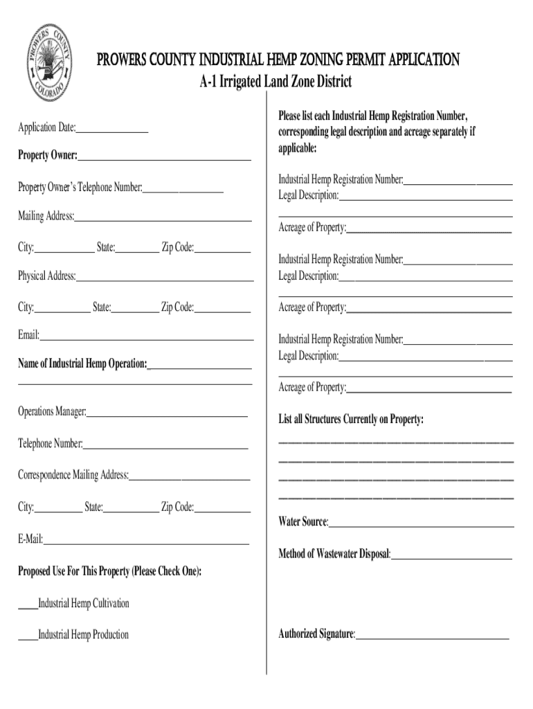 Fillable Online PROWERS COUNTY Industrial HEMP ZONING PERMIT ...