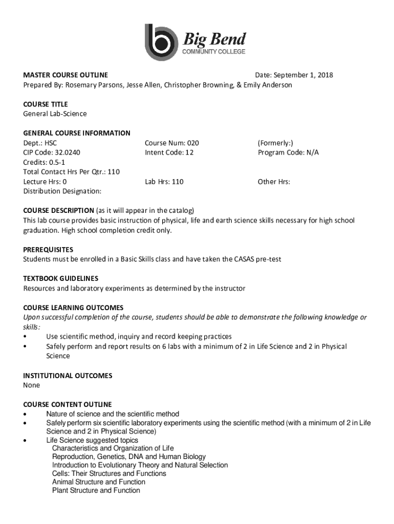 Fillable Online MASTER COURSE OUTLINE COURSE TITLE GENERAL ... - bigbend.edu Fax Email Print ...