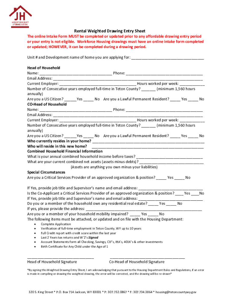 Fillable Online Rental Weighted Drawing Entry Sheet Fax Email Print ...