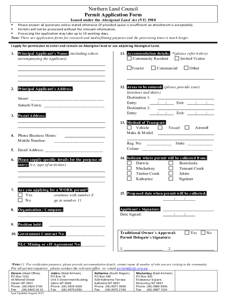Fillable Online Northern Land Council Permit Application Form Fax Email ...