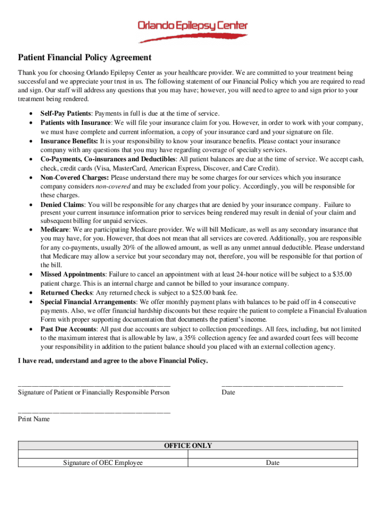 Fillable Online PATIENT FINANCIAL AGREEMENT & ACKNOWLEDGEMENT OF OFFICE ...