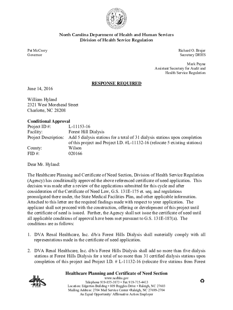 Fillable Online NC DHSR HPCON: Decision for Forest Hills Dialysis Fax ...