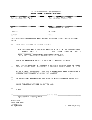 Fillable Online OKLAHOMA DEPARTMENT OF CORRECTIONS RECEIPT FOR INMATE ...