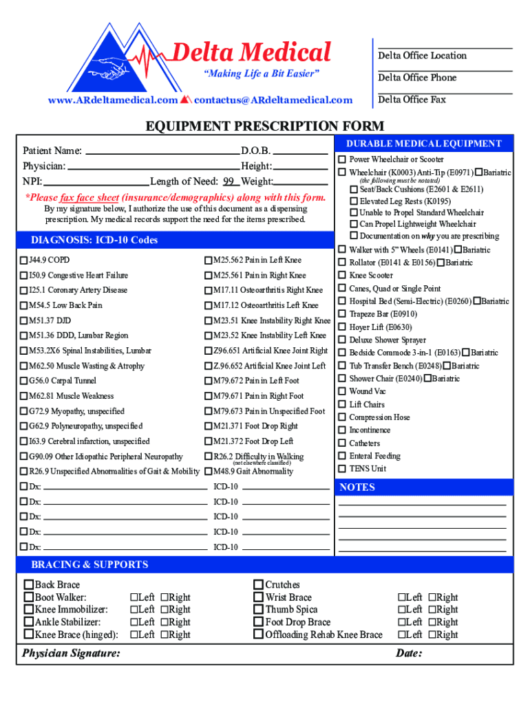 Fillable Online EQUIPMENT PRESCRIPTION FORM - ardeltamedical.com Fax ...