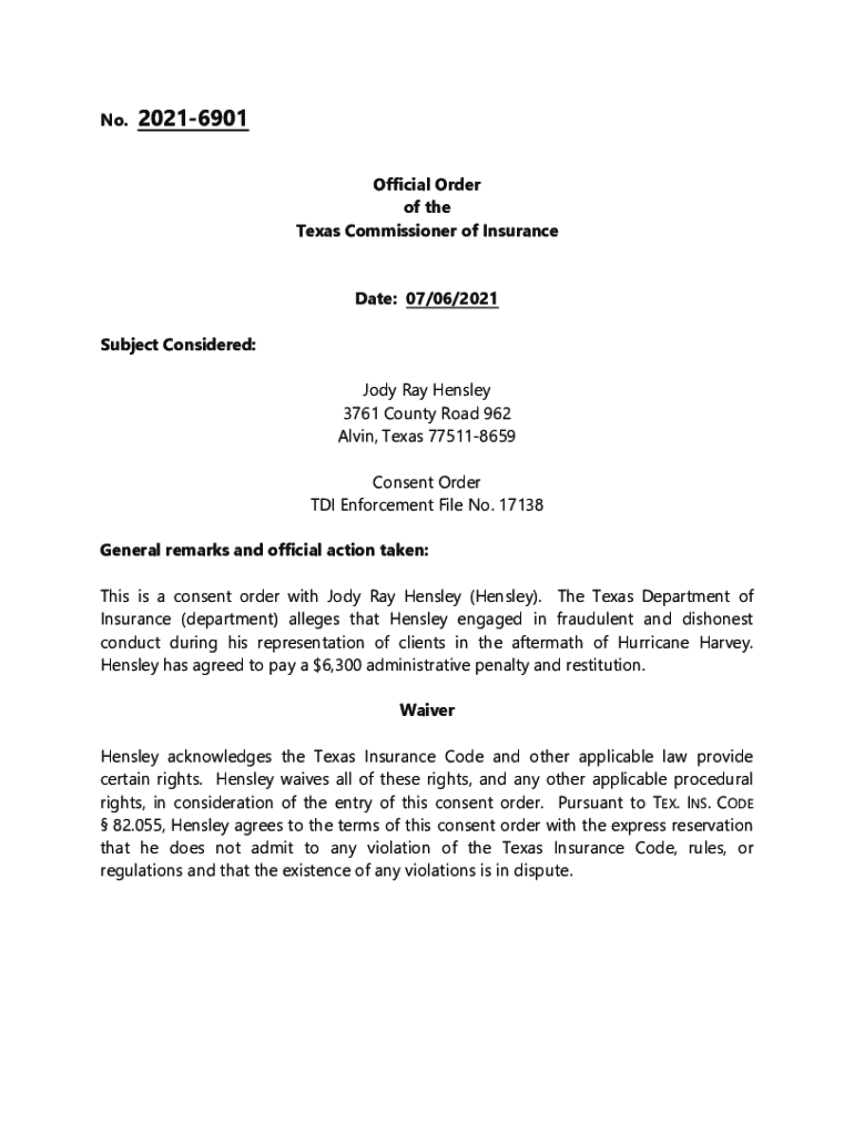 Fillable Online www.tdi.texas.gov commissioner disciplinary26759 ...