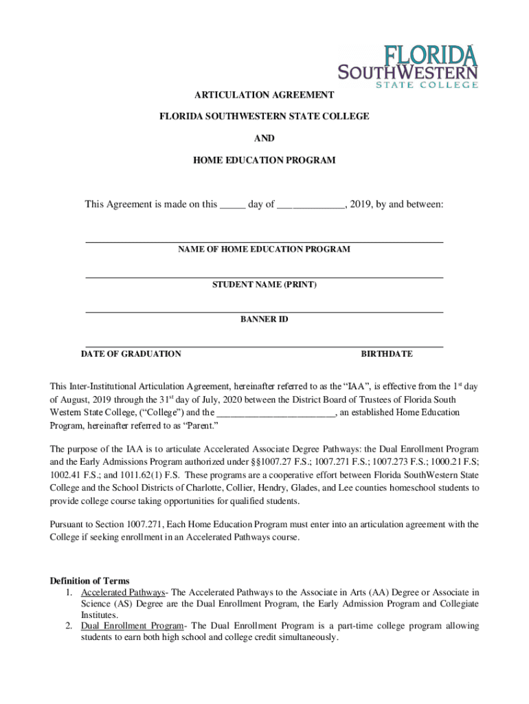 Fillable Online ARTICULATION AGREEMENT FLORIDA SOUTHWESTERN STATE COLLEGE ... Fax Email Print ...