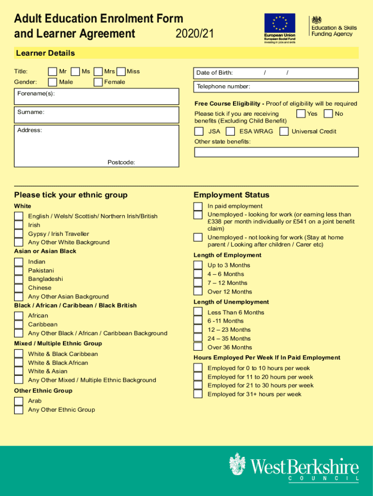Fillable Online Adult Learning and Skills Service Enrolment Form and ...