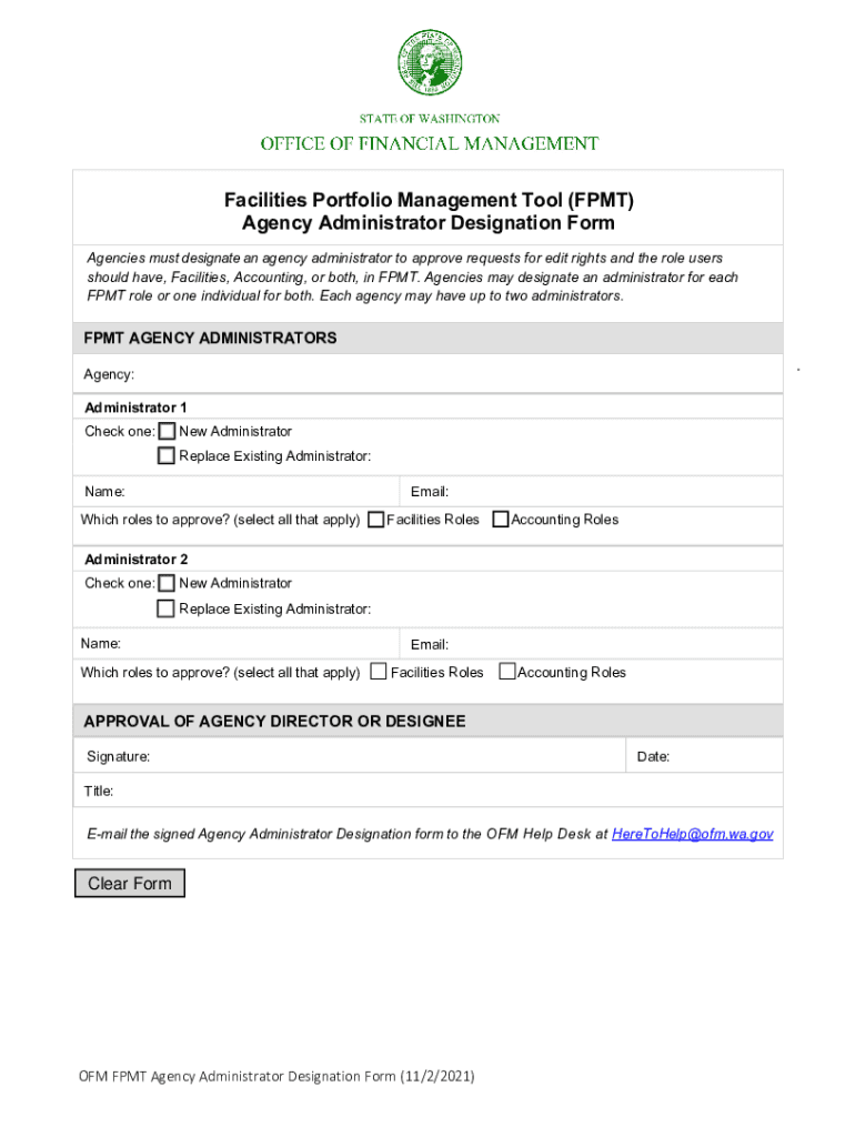 Fillable Online ofm wa FPMT Agency Administrator Designation Form Fax ...