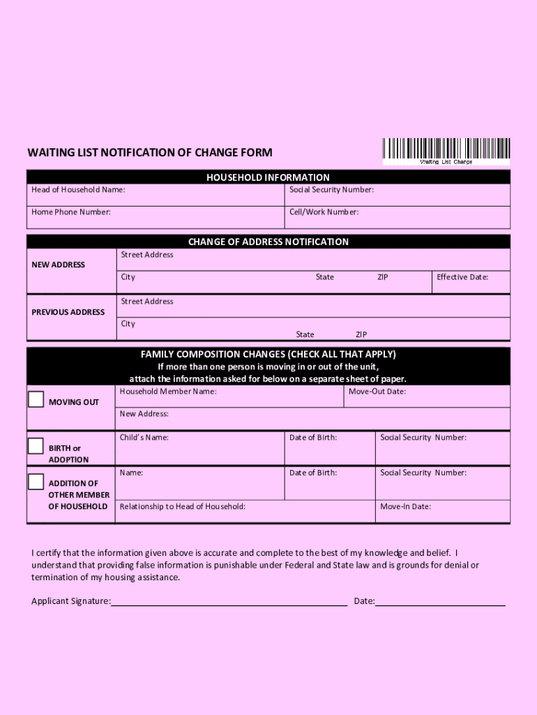 Fillable Online WAITING LIST NOTIFICATION OF CHANGE FORM Fax Email ...