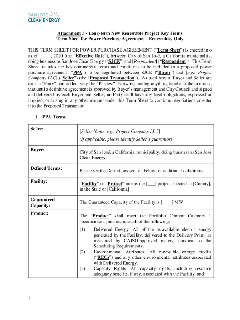 Fillable Online THIS TERM SHEET FOR POWER PURCHASE AGREEMENT ( Term ...
