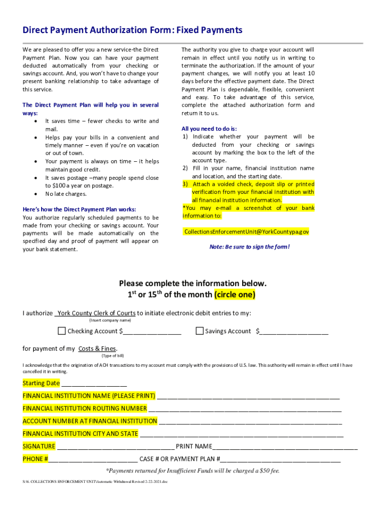 Fillable Online www.bencodems.orgdocsPaymentFormDirect Payment Authorization Form: Fixed ...