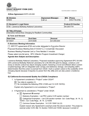 Fillable Online GRANT REQUEST FORM (GRF) A) New Agreement # EPC-20-040 ...