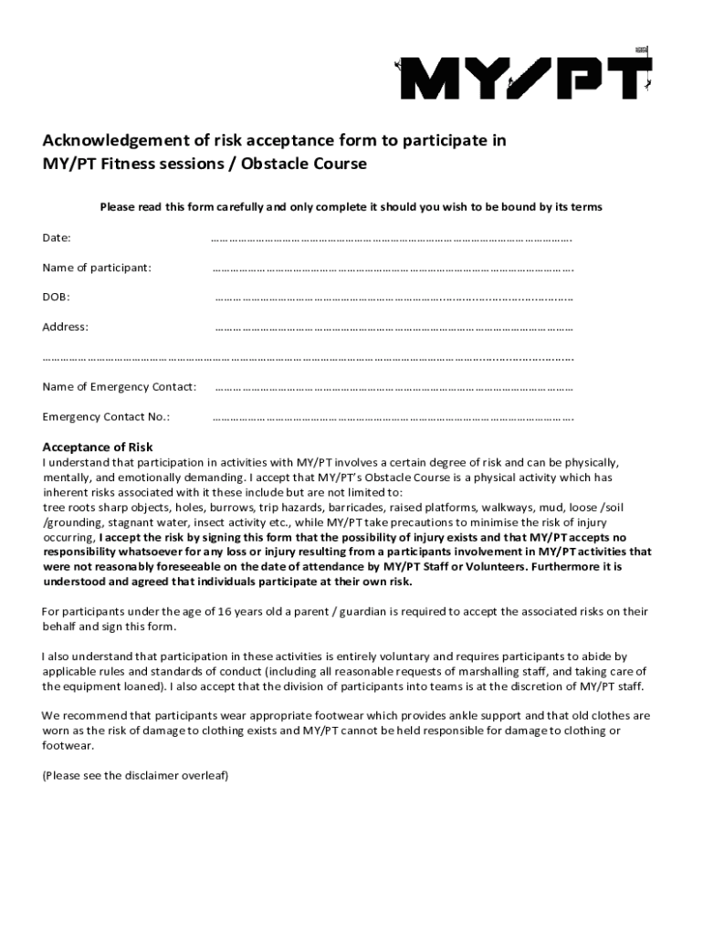Fillable Online of risk acceptance form to participate in MY/PT Fitness ...