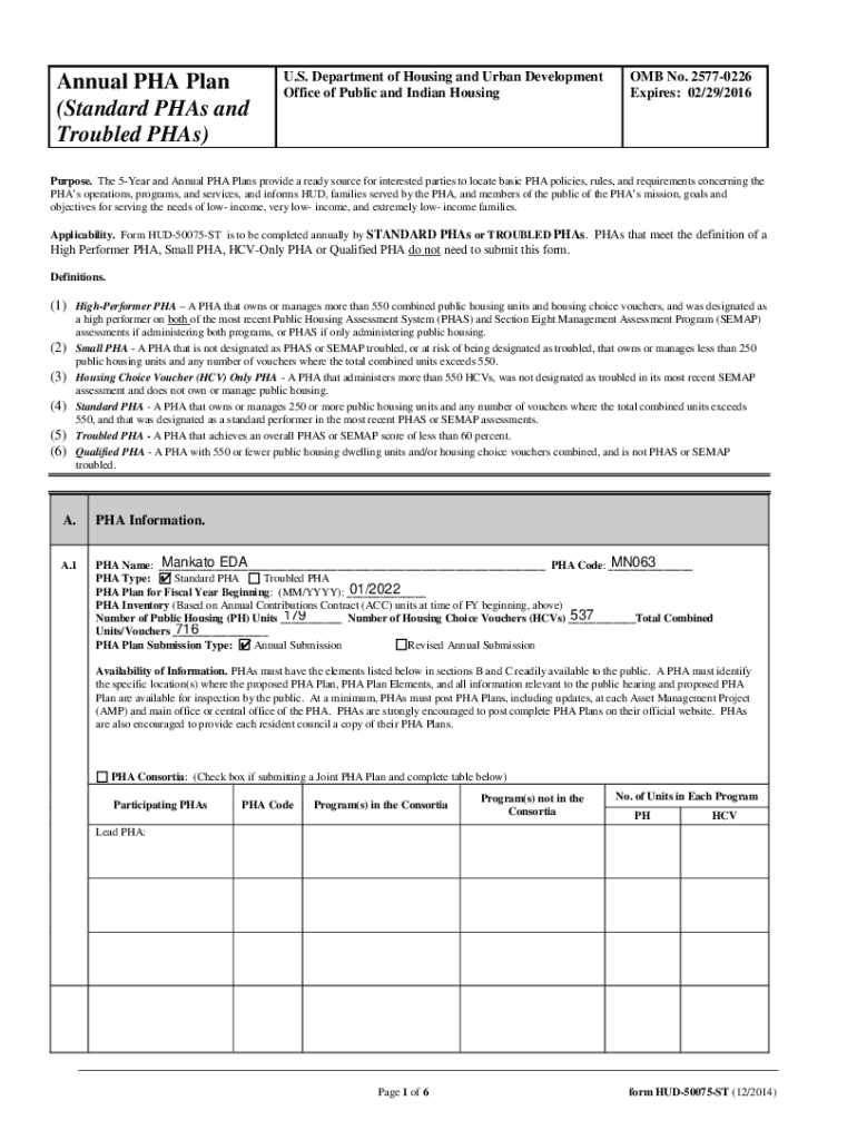 Fillable Online Annual PHA Plan (Standard PHAs and Troubled PHAs ...