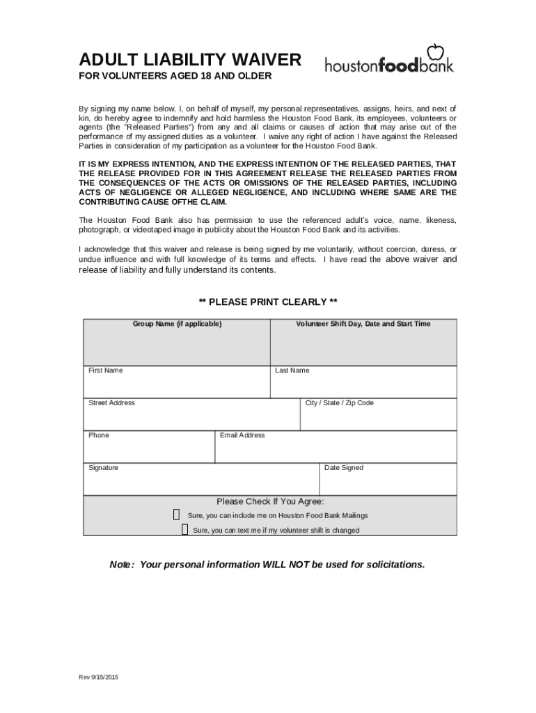 PDF Standard Waiver Template for All Volunteers (Minors and Adults) Doc ...