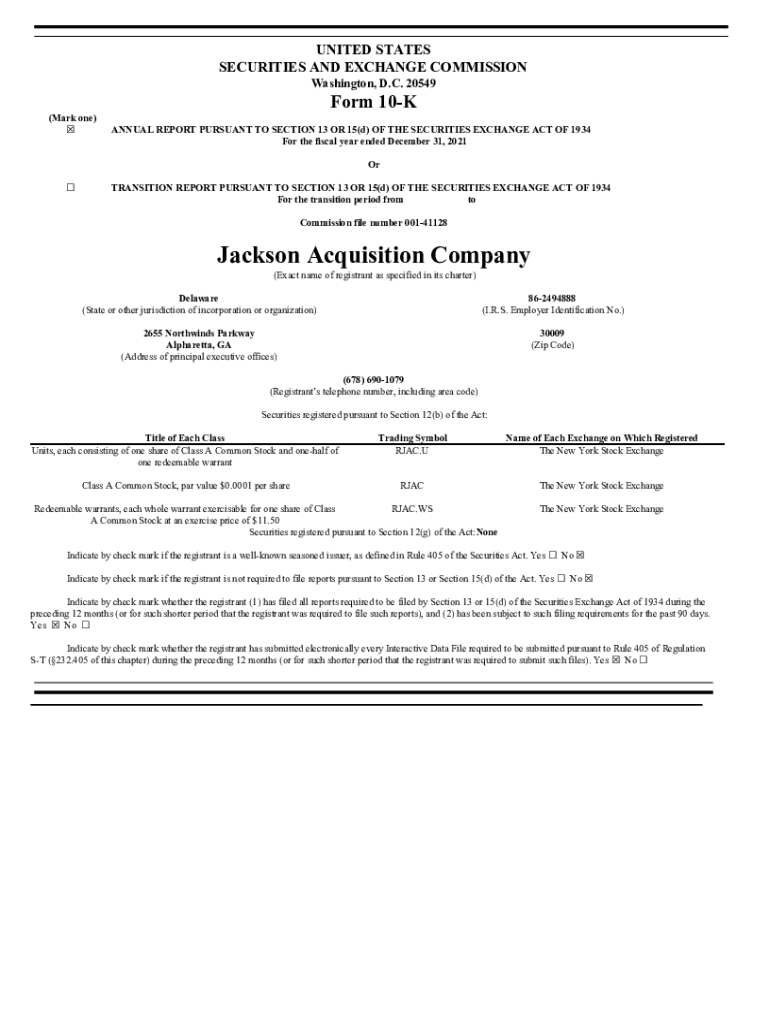 Fillable Online Jackson Acquisition Co (RJAC) SEC Filing 10-K Annual ...
