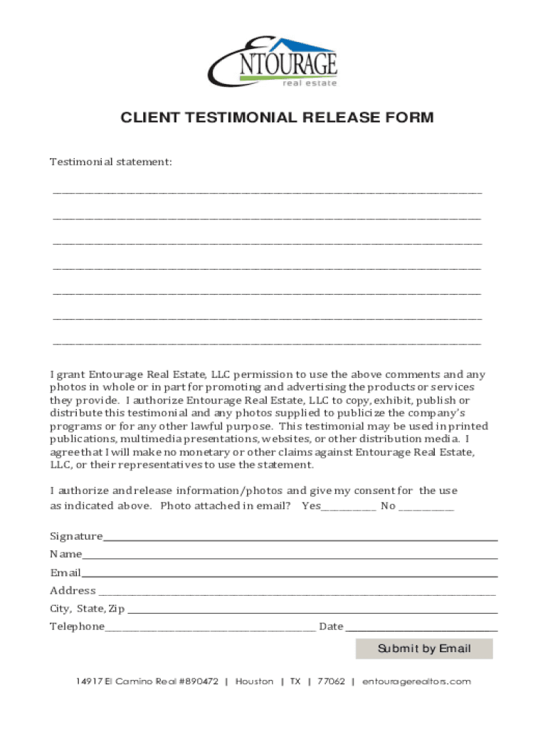 Fillable Online CLIENT TESTIMONIAL RELEASE FORM - Entourage Real Estate ...