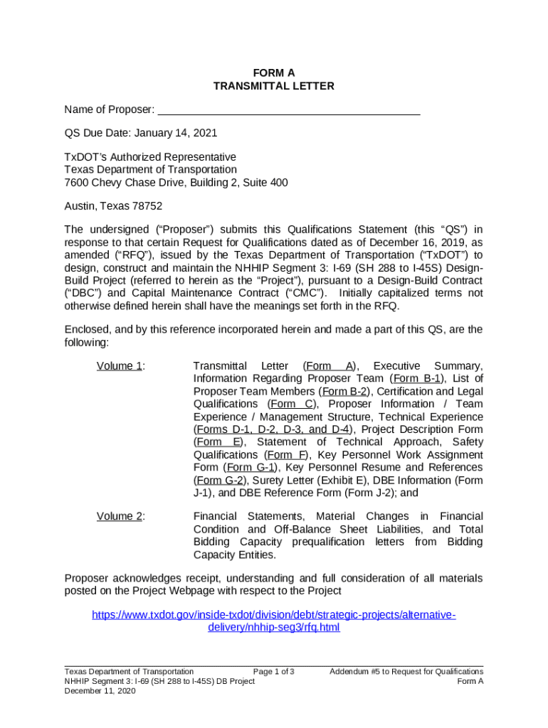 s.doc - A TRANSMITTAL LETTER PROPOSER QS Date ... - ftp txdot Doc Template | pdfFiller