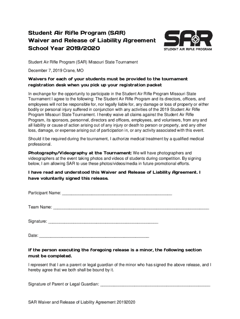 Fillable Online Student Air Rifle Program (SAR) Waiver and Release of ...