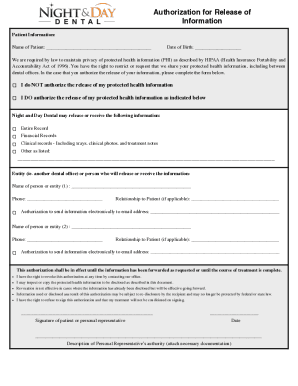 Fillable Online Authorization for Release of Information - Night & Day Dental Fax Email Print ...