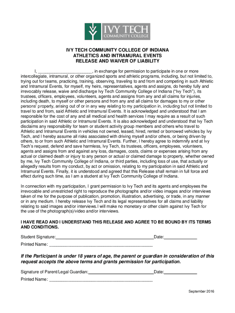 Fillable Online Athletics Intramural Waiver - Ivy Tech Community College ... Fax Email Print ...