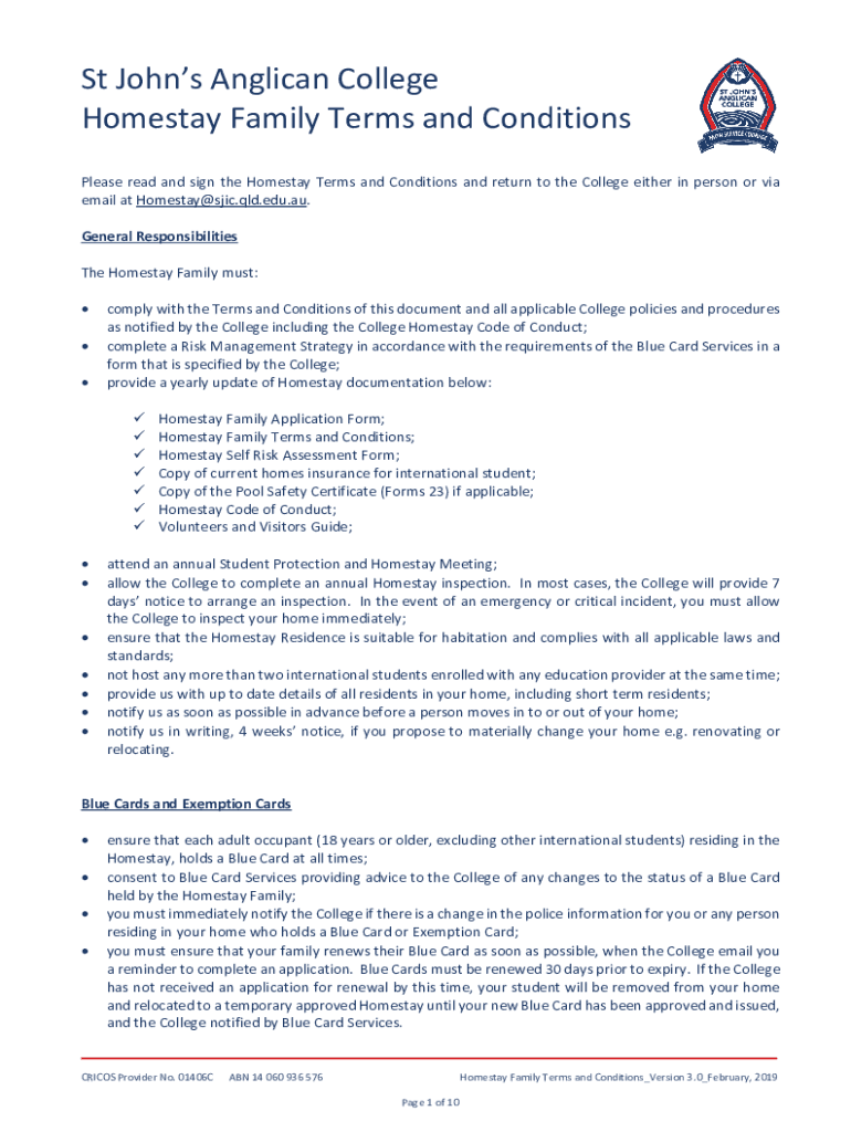 Fillable Online St Johns Anglican College Homestay Family Terms and ...