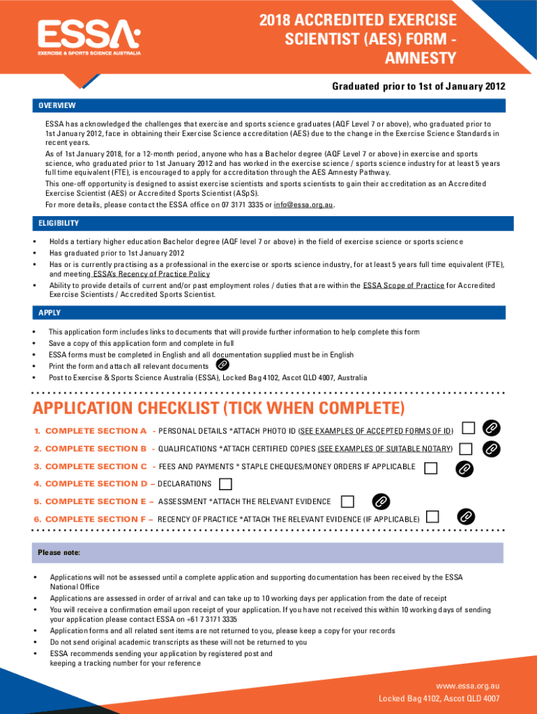 Fillable Online APPLICATION CHECKLIST (TICK WHEN COMPLETE) - essa.org ...