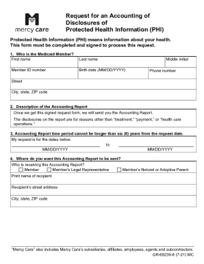 Fillable Online Mercy Care - Request for an Accounting of Disclosures ...