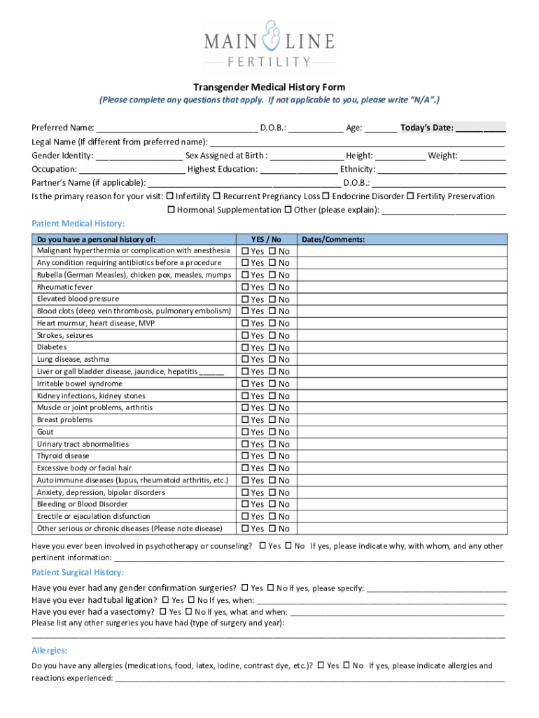 Fillable Online Transgender Medical History Form and ...: Fill out ...