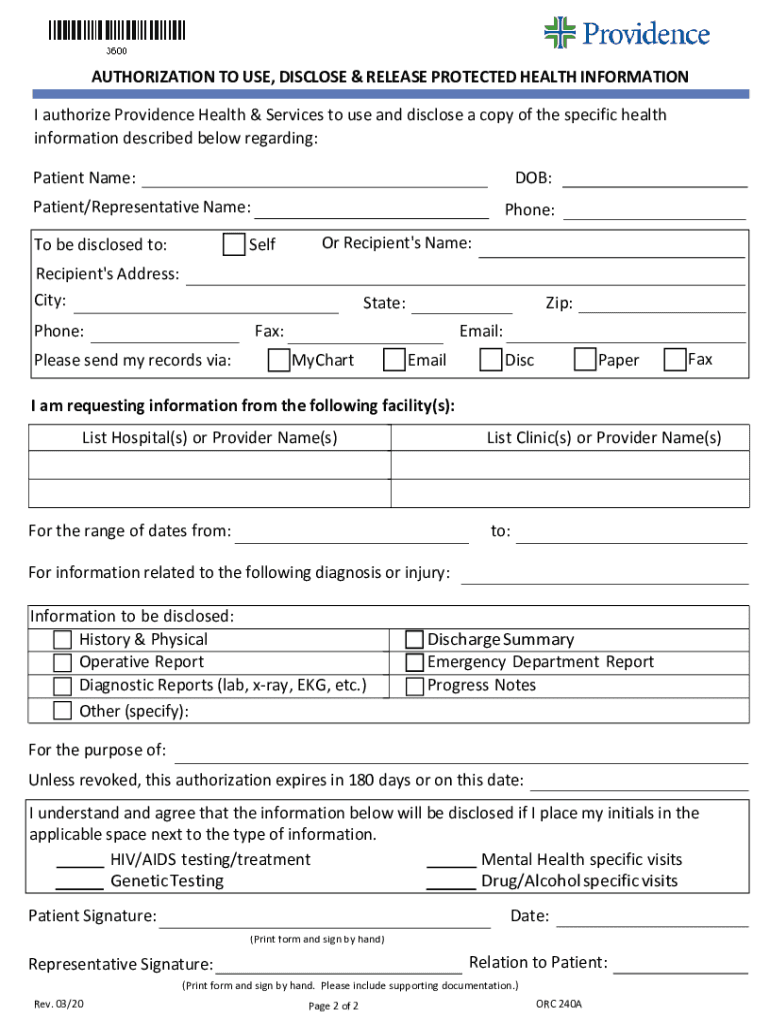 Fillable Online AUTHORIZATION TO USE, DISCLOSE & RELEASE ... - Providence Fax Email Print ...
