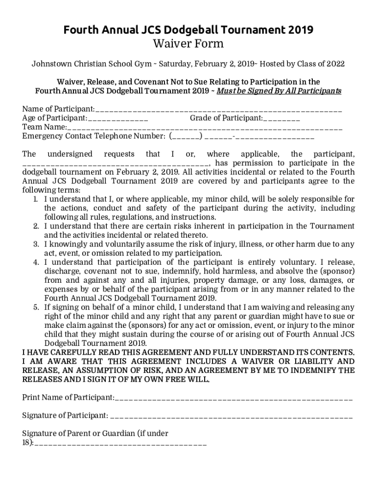 Fillable Online JRD/JHS DODGEBALL TOURNAMENT PERMISSION SLIP & WAIVER ...