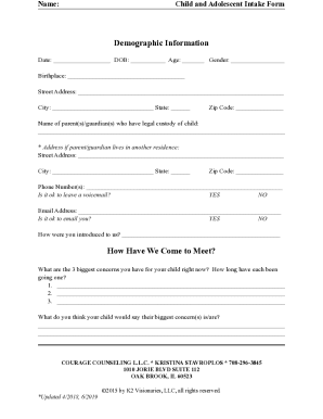Fillable Online CHILD/ADOLESCENT INTAKE INFORMATION FORM DEMOGRAPHIC ...