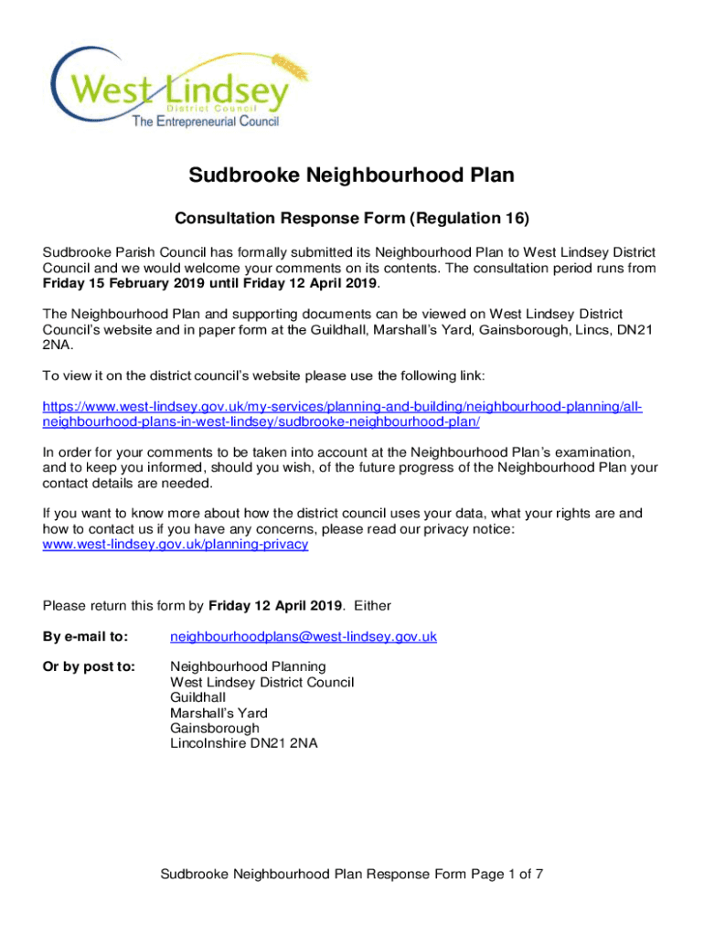 Fillable Online Regulation 16 Sudbrooke Neighbourhood Plan Consultation ...