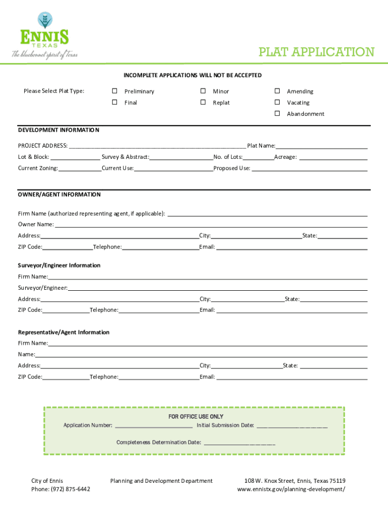 Fillable Online PLAT APPLICATION REQUIREMENTS FINAL DEVELOPMENT PLAT ...