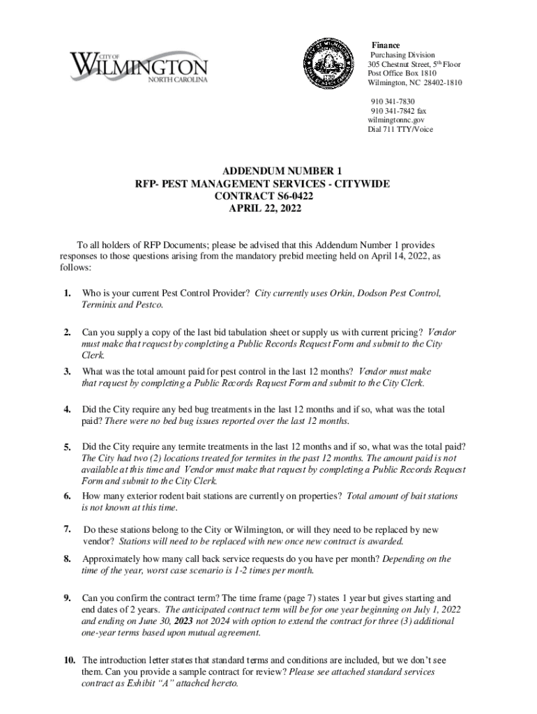 Fillable Online ADDENDUM NUMBER 1 RFP- PEST MANAGEMENT SERVICES ... Fax ...