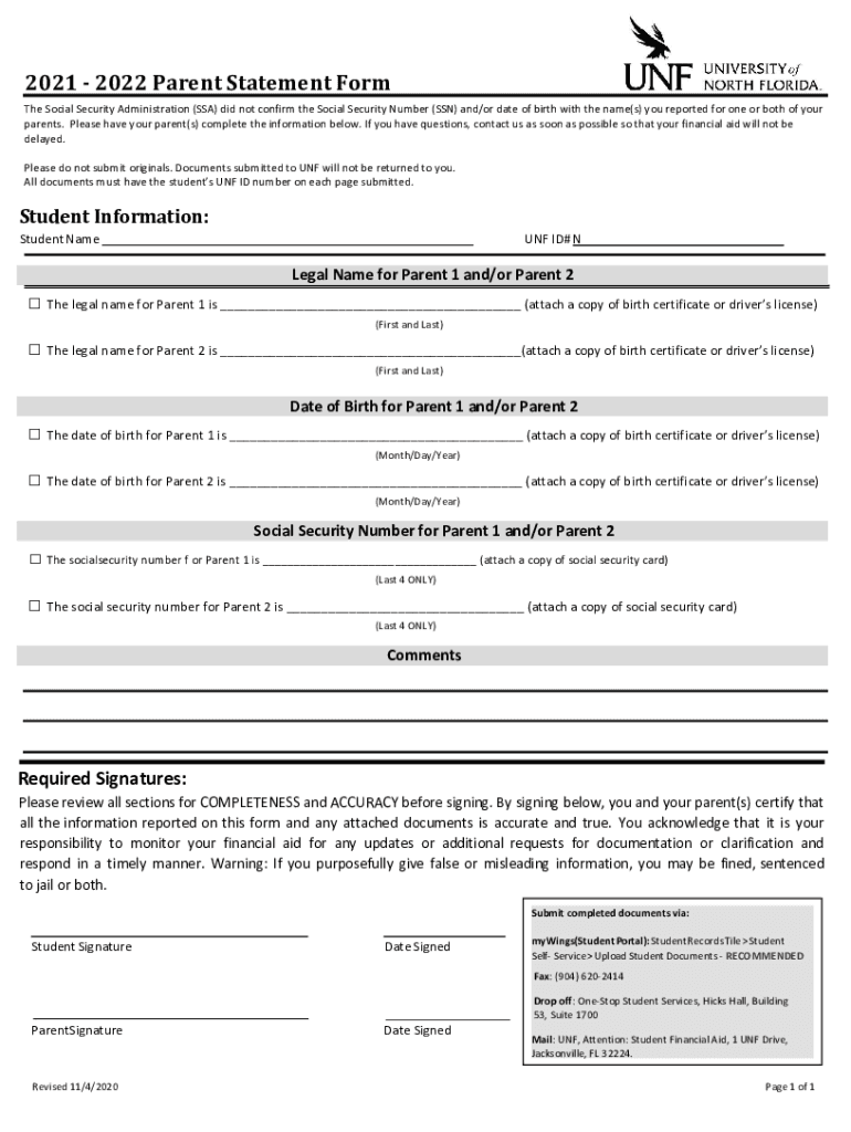 Fillable Online 2021-2022 Parent Statement Form Fax Email Print - pdfFiller