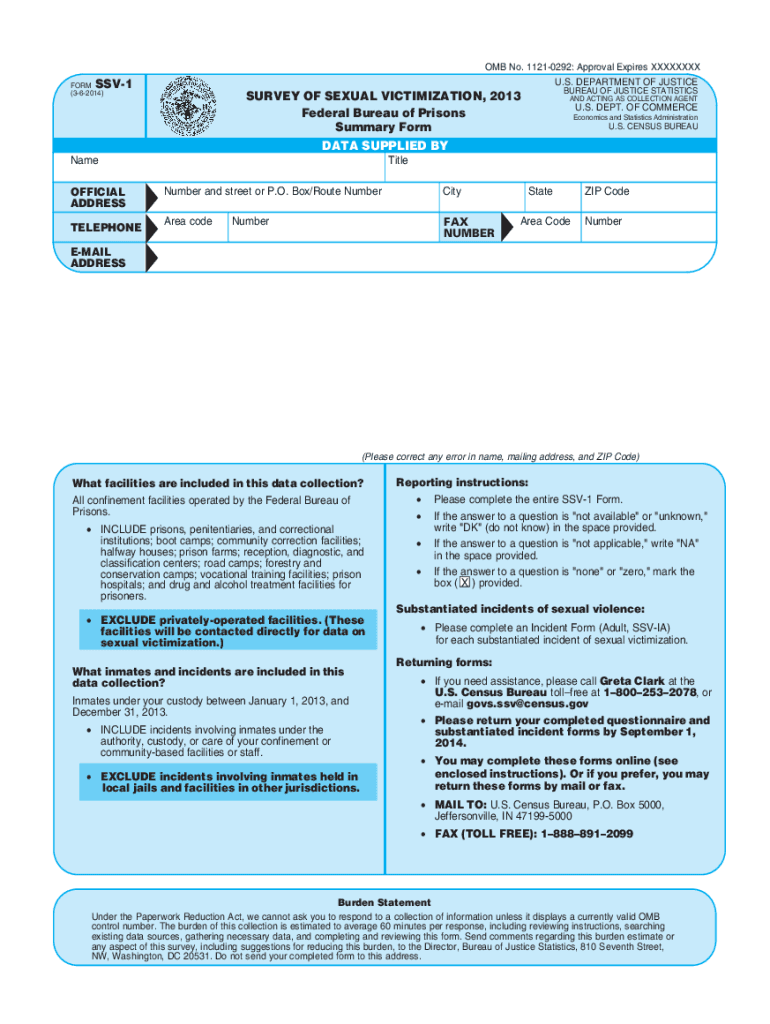 Fillable Online Form SSV 1 SSV 1 SSV Federal Bureau of Prisons Summary ...