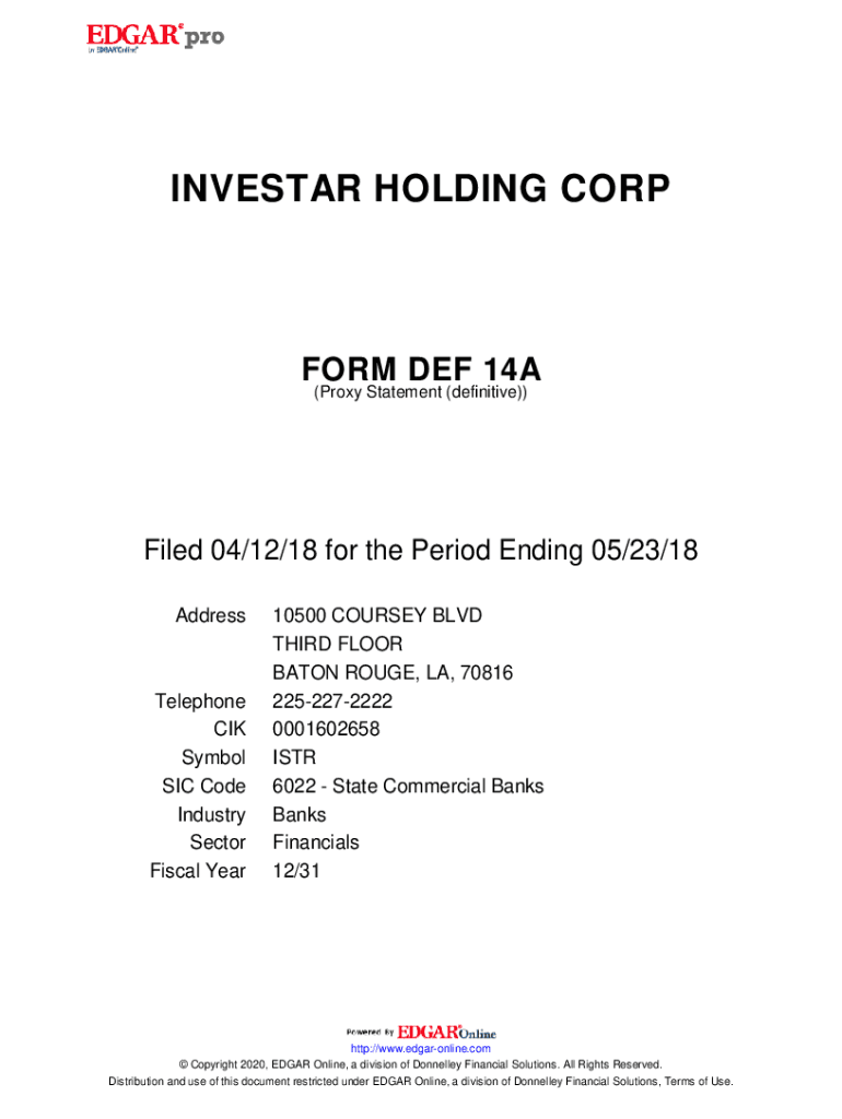 Fillable Online INVESTAR HOLDING CORP. FORM DEF 14A (Proxy Statement ...