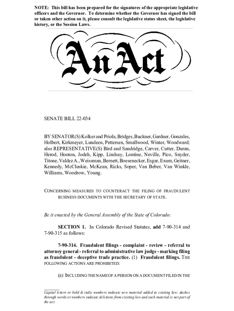Fillable Online SENATE BILL 22-034 BY SENATOR(S) Kolker and Priola, Bridges ... Fax Email Print ...