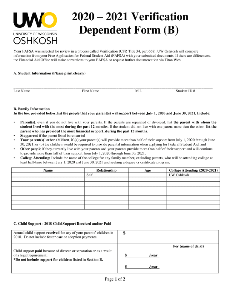 Fillable Online 2020-2021 Verification Worksheet DEPENDENT Federal and ...
