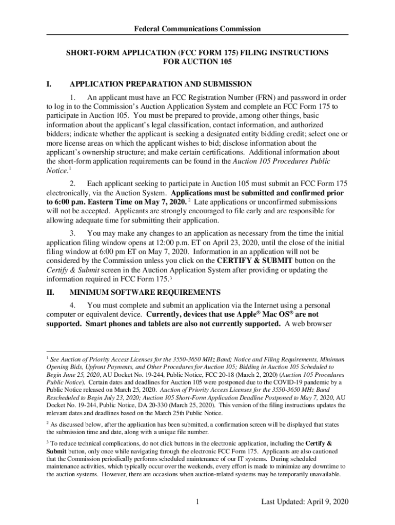 Fillable Online Short-Form Application (FCC Form 175) Filing ...