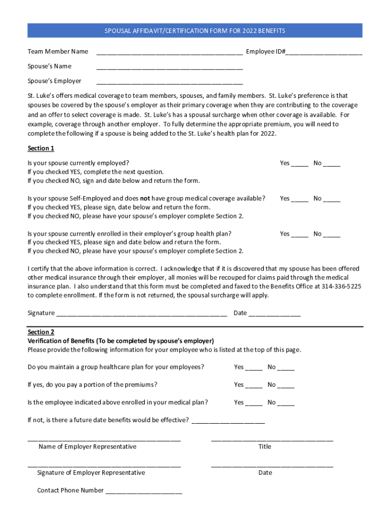 Fillable Online spousal affidavit/certification form for 2022 benefits Fax Email Print - pdfFiller