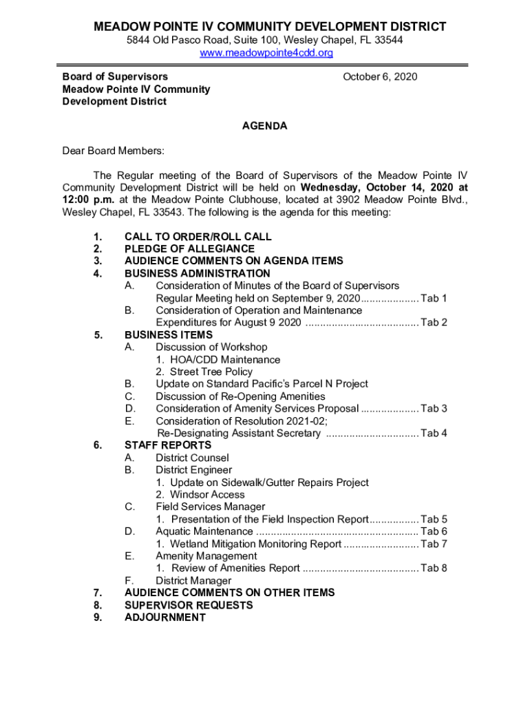 Fillable Online 2020-10-14 - Meadow Pointe CDD IV Final Agenda Website ...