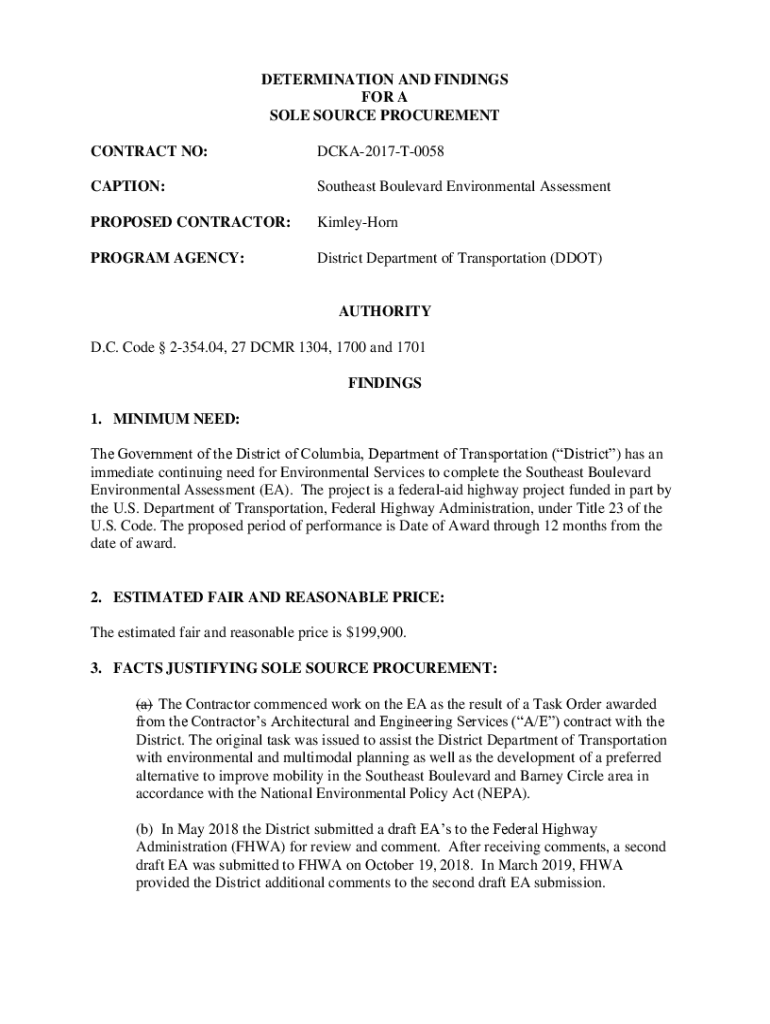 Fillable Online app ocp dc app.ocp.dc.gov intentaward DFDETERMINATION AND FINDINGS FOR SINGLE ...