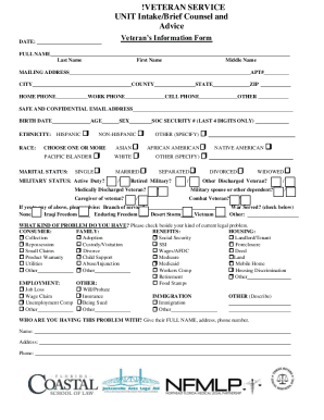 Fillable Online J !VETERAN SERVICE UNIT Intake/Brief Counsel and Advice ...