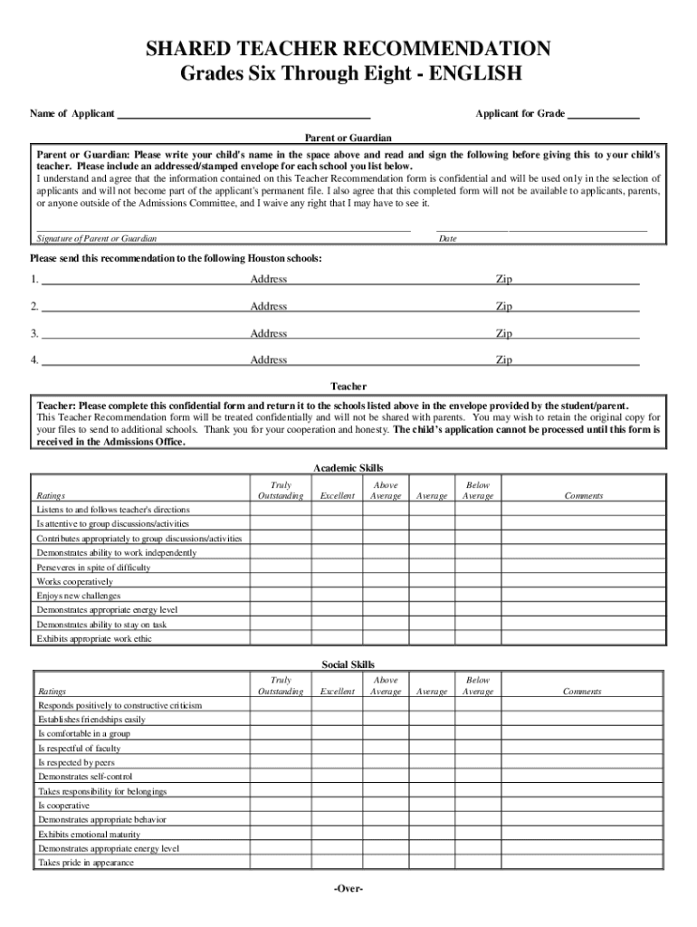 Fillable Online www.pshouston.orguploadedAdmissionSHARED TEACHER RECOMMENDATION Grades Six ...