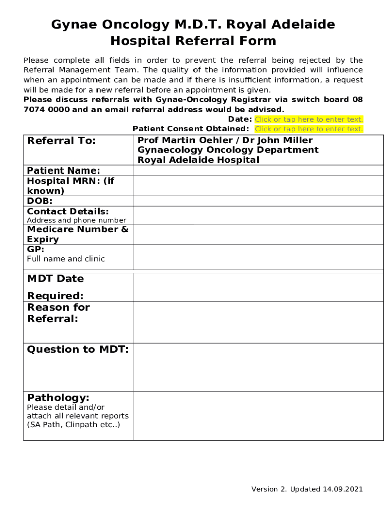 Gynae-Oncology Referral. Gynae Oncology Referral Royal Adelaide ...